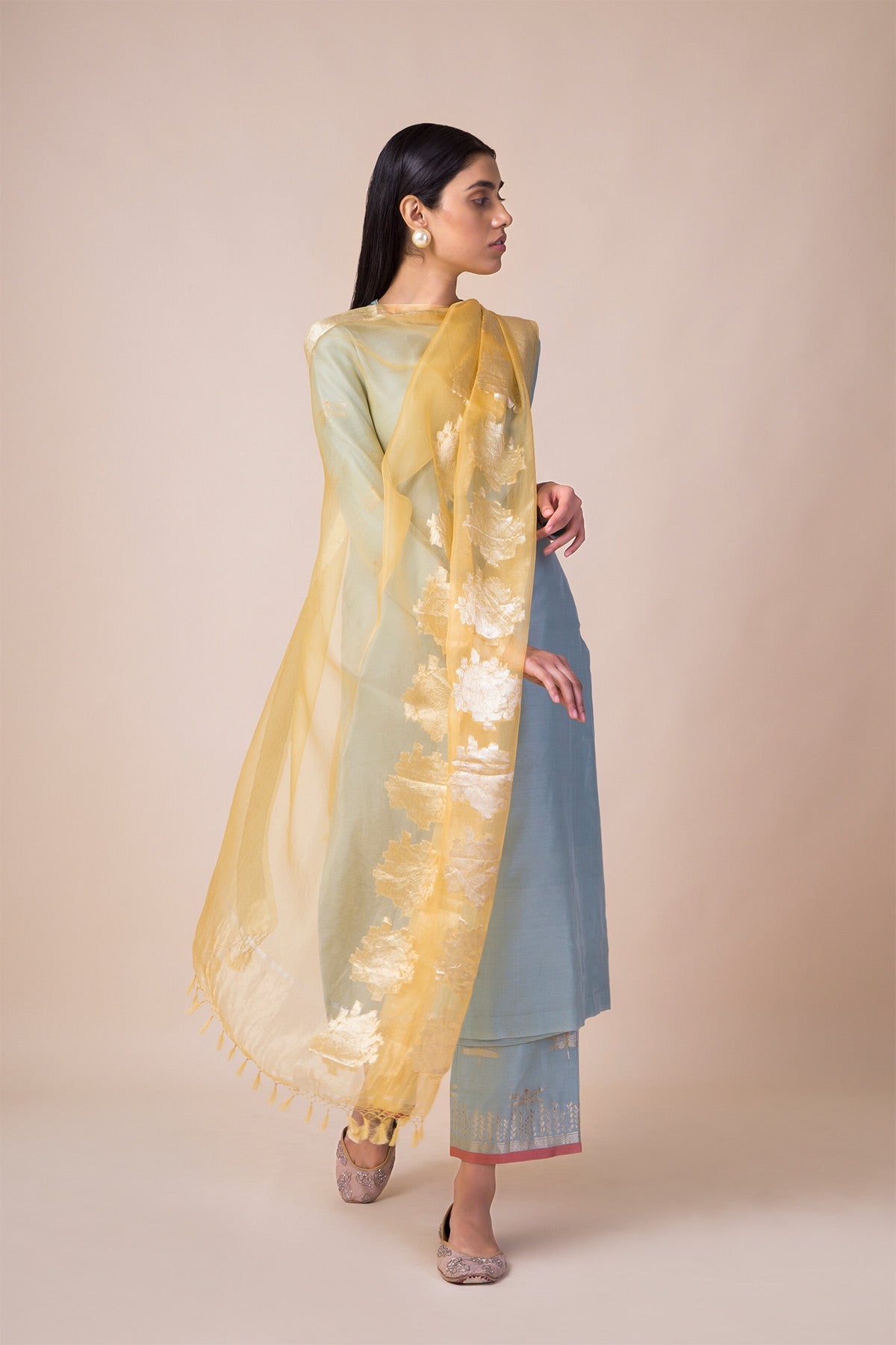 Handwoven Light Yellow Organza Dupatta | Ekaya Banaras